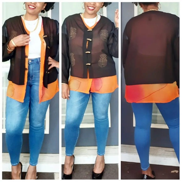 Antthony | Tops | Original Antthony Black Orange Tribal Sheer Top ...